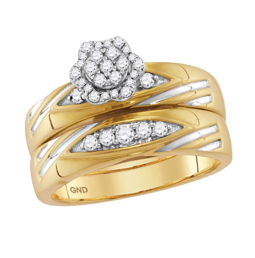 10K Yellow Gold His Hers Round Dia. Cluster Matching Wedding Set 0.5 ct ...
