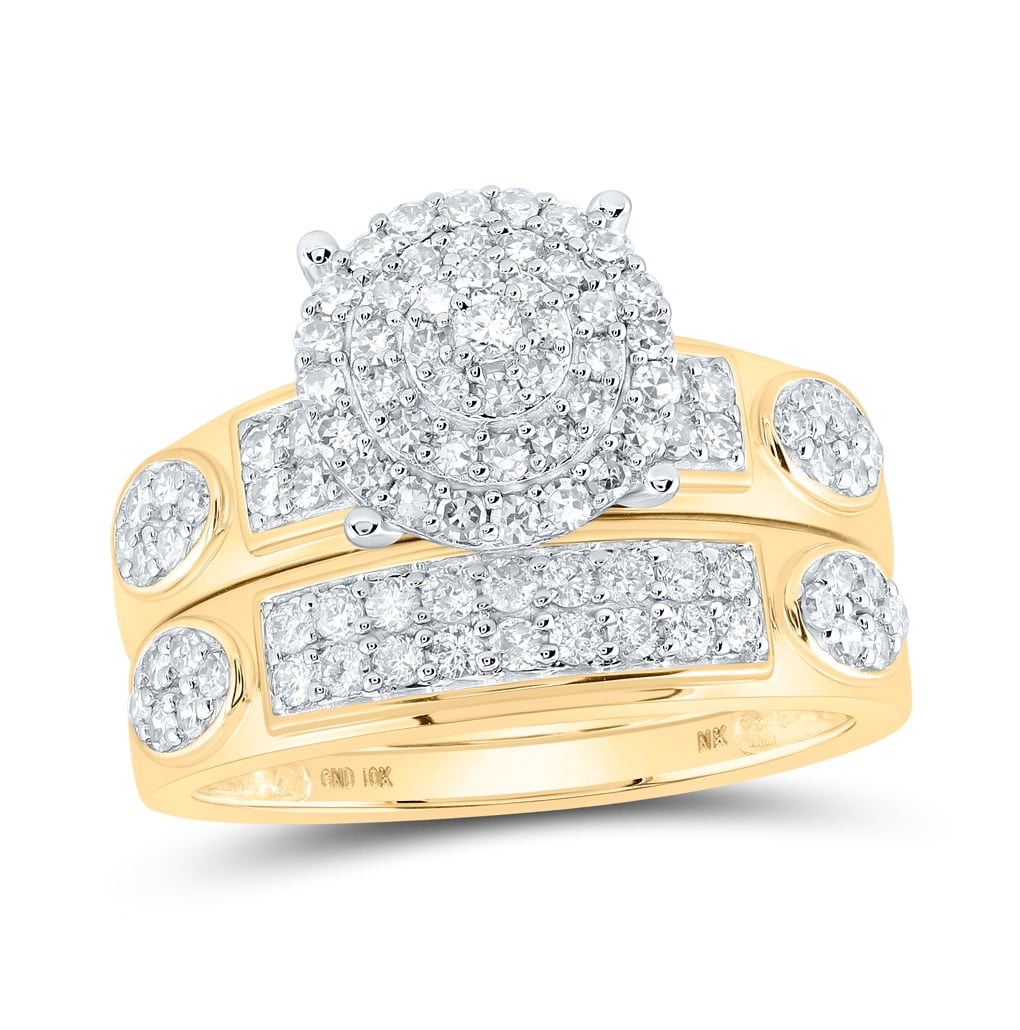 10K Yellow Gold His Hers Round Diamond Cluster Matching Wedding Set 1-3 ...