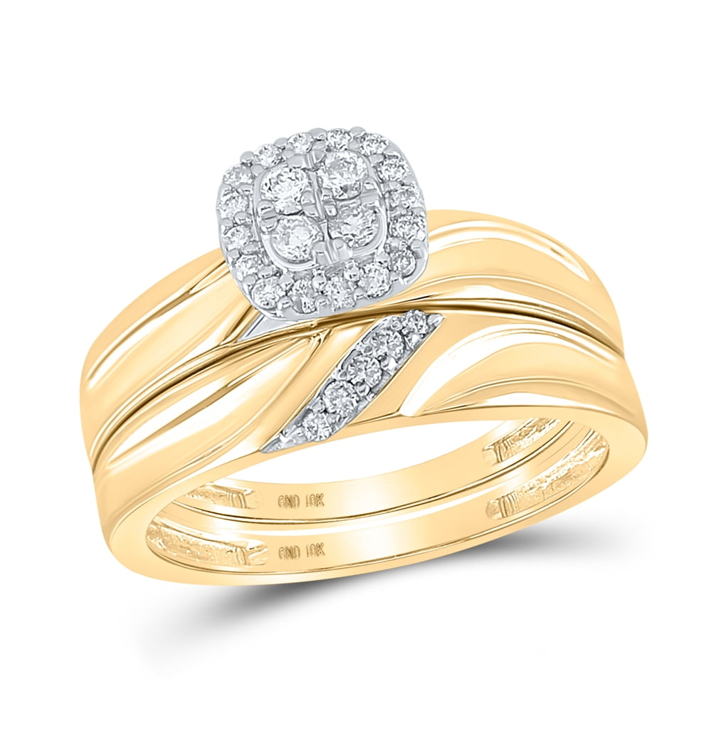 10K Yellow Gold His Hers Round Diamond Cluster Matching Wedding Set 1 ...