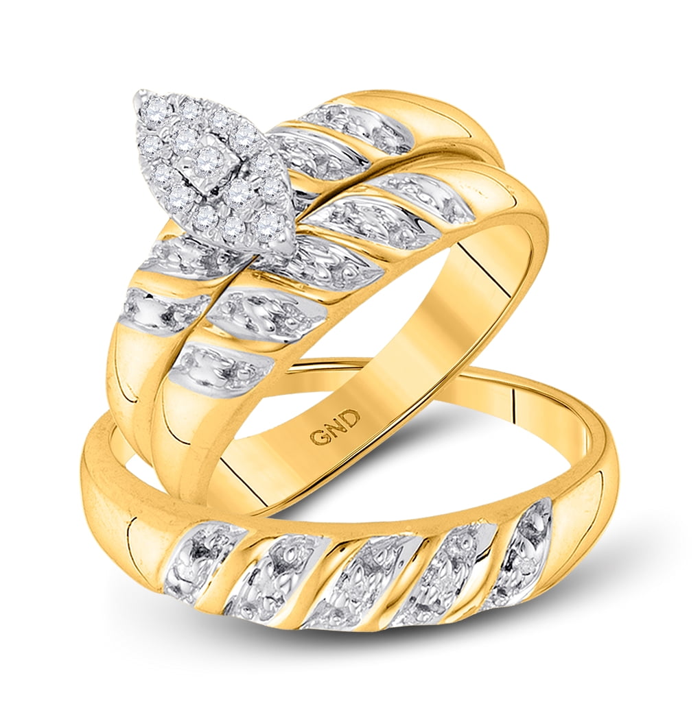 10K Yellow Gold His Hers Round Diamond Cluster Matching Wedding Set 1/8 ...