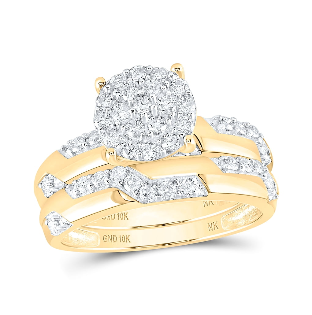 10K Yellow Gold His Hers Round Diamond Cluster Matching Wedding Set ...