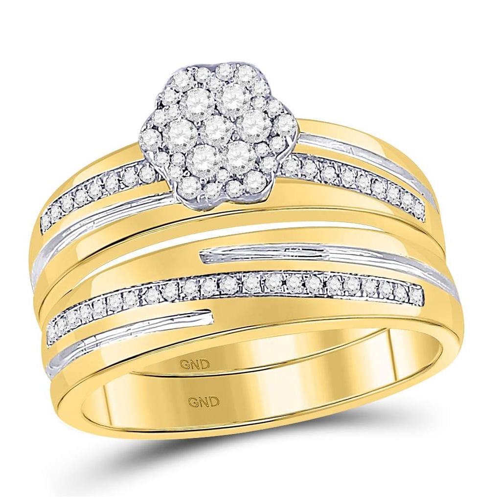 10K Yellow Gold His Hers Round Diamond Cluster Matching Wedding Set 3 ...