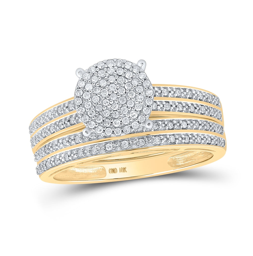 10K Yellow Gold His Hers Round Diamond Cluster Matching Wedding Set 3 ...