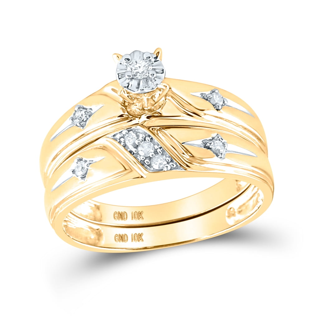 10K Yellow Gold His Hers Round Diamond Cross Matching Wedding Set 1/5 ...