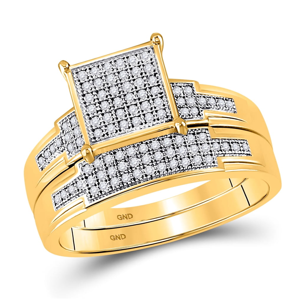 10K Yellow Gold His Hers Round Diamond Square Matching Wedding Set 1/2 ...