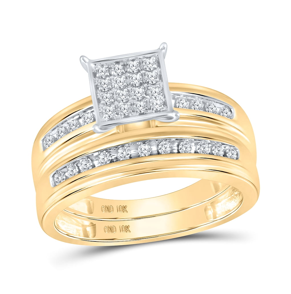 10K Yellow Gold His Hers Round Diamond Square Matching Wedding Set 1 ...