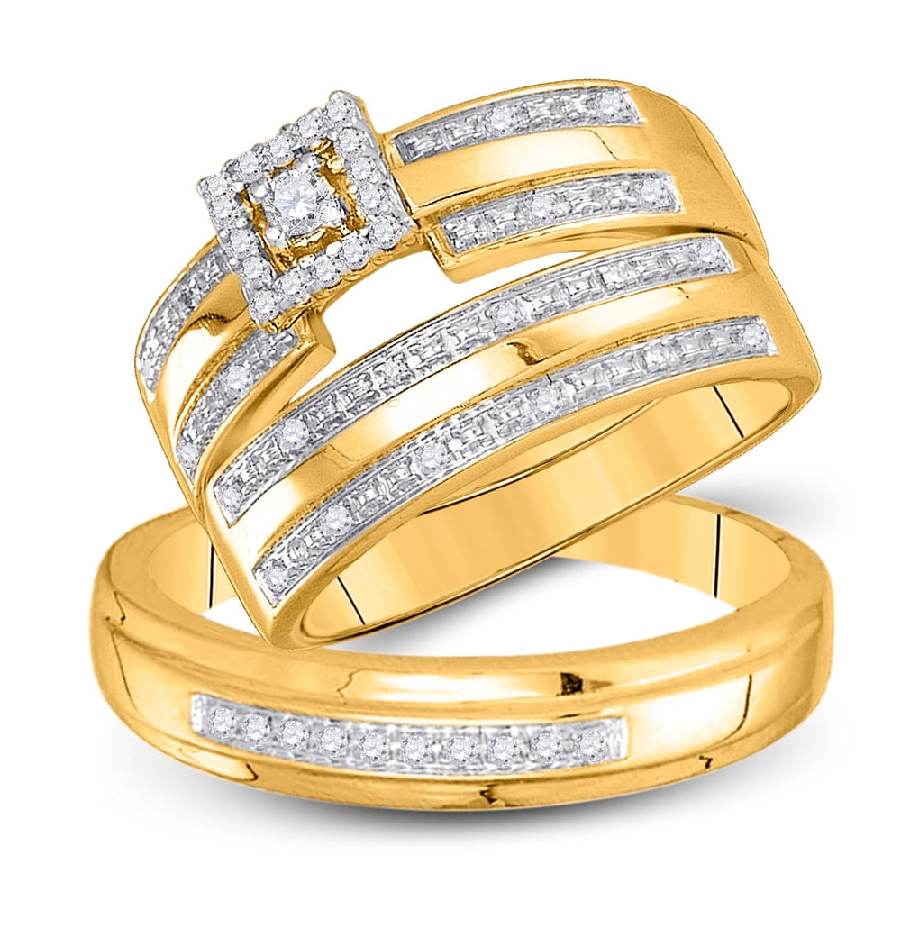 10K Yellow Gold His Hers Round Diamond Square Matching Wedding Set 1/4 ...