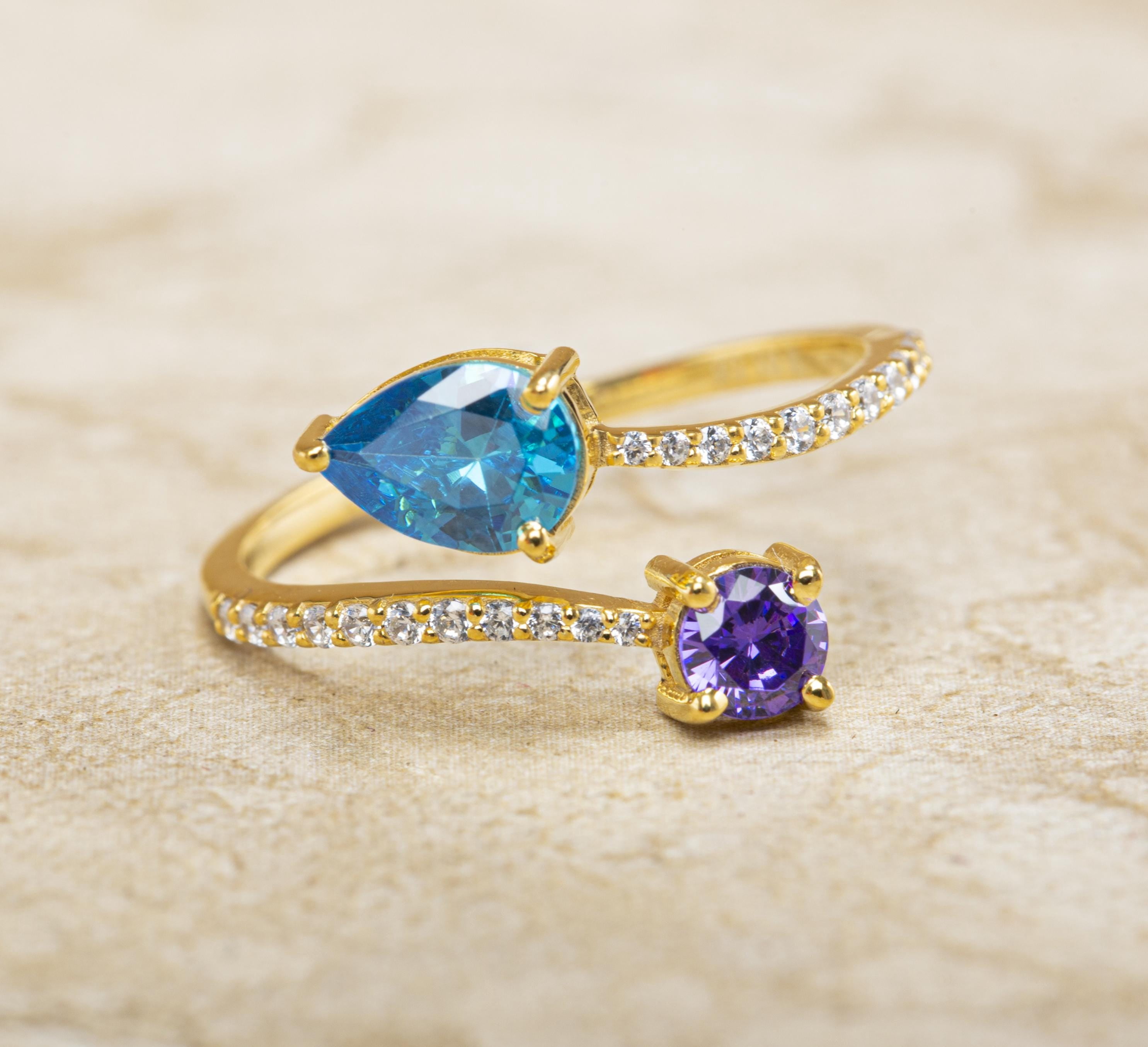 10K Yellow Gold Lab Aquamarine Amethyst Wedding Ring, Open Leaf Design ...