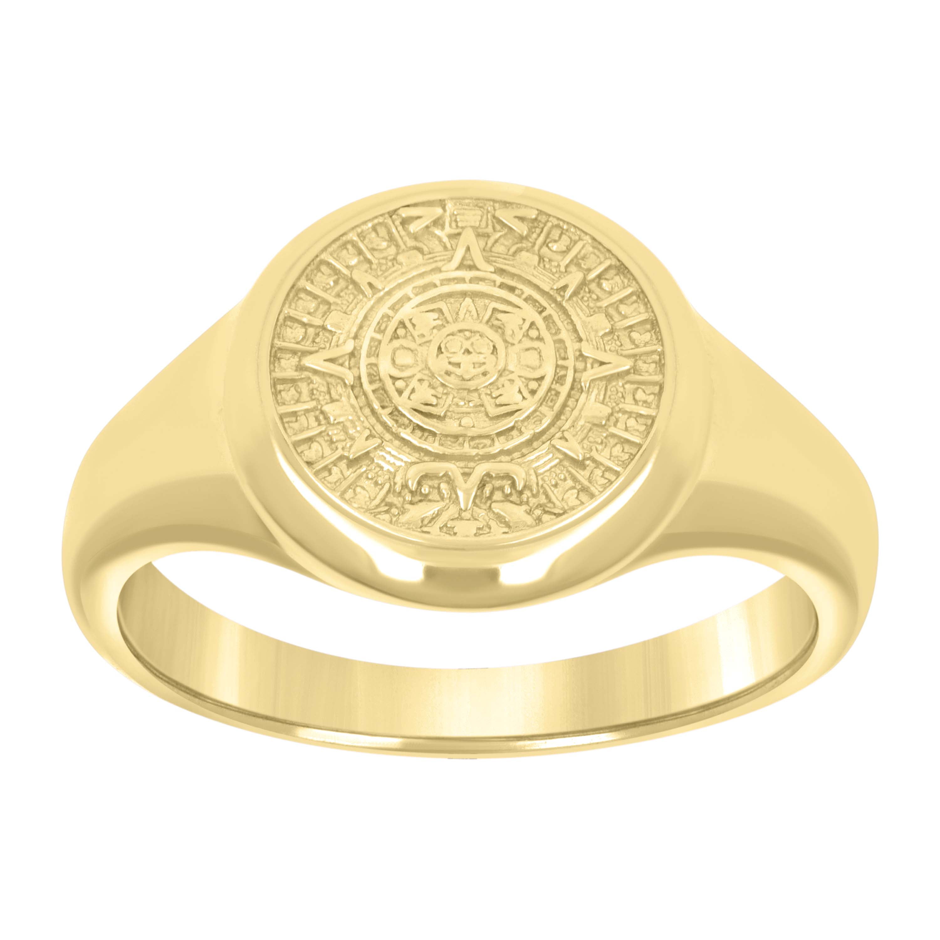10K Yellow Gold Men's High Polished 12mm Circle Signet Aztec Calendar ...