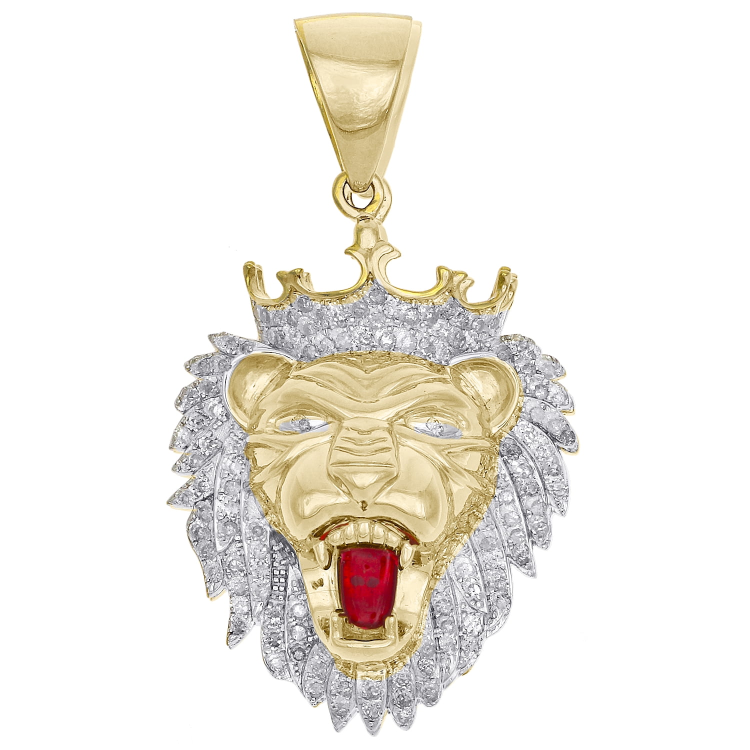 10K Yellow Gold Mens Diamond Lion King Roar Pendant Red Enamel Mouth ...