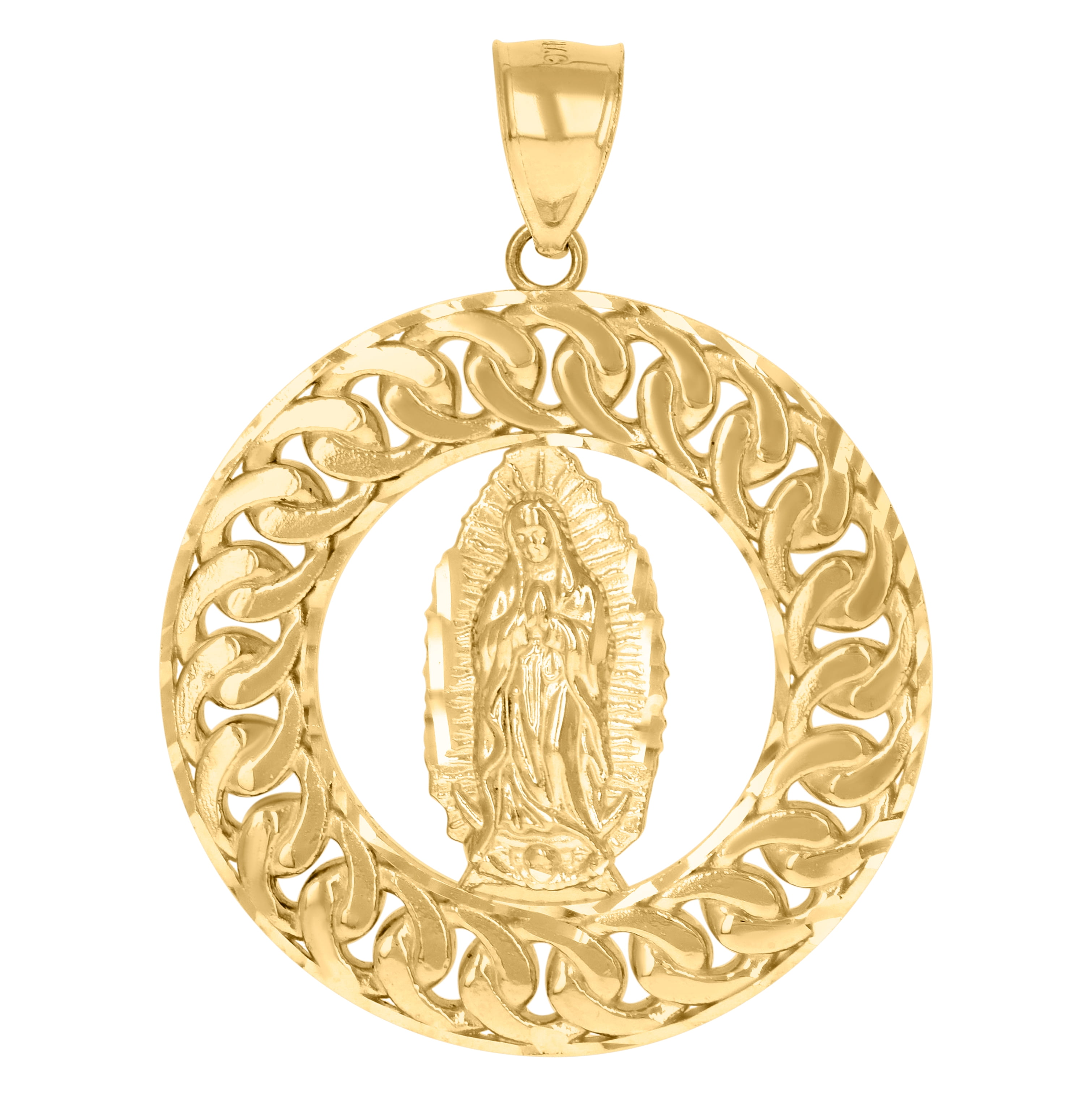 10K Yellow Gold Mens Guadalupe Cuban Link Religious Medallion Charm ...