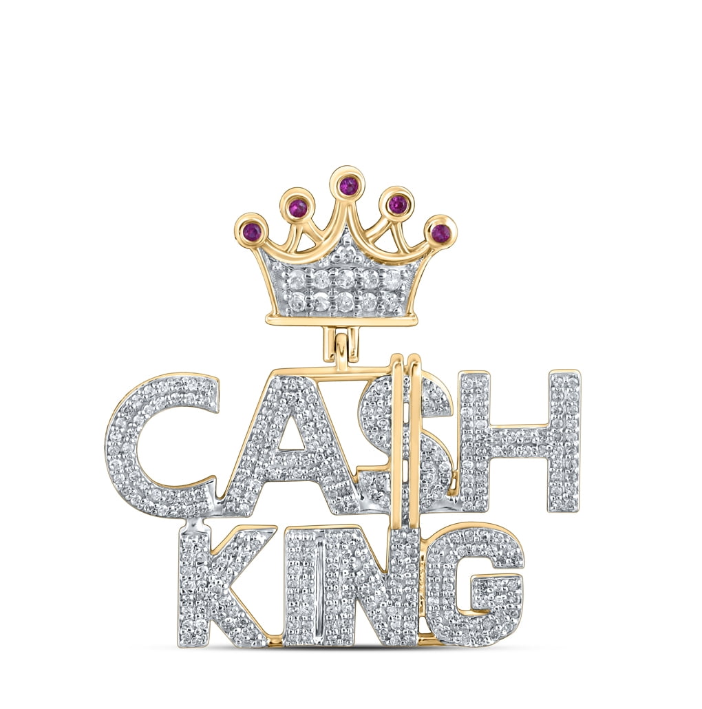 10K Yellow Gold Mens Round Diamond Cash King Crown Phrase Charm Pendant ...
