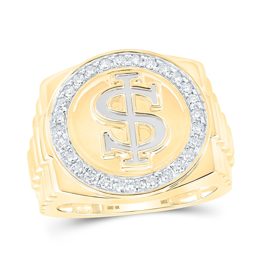10K Yellow Gold Mens Round Diamond Dollar Sign Circle Ring 1/2 Cttw ...