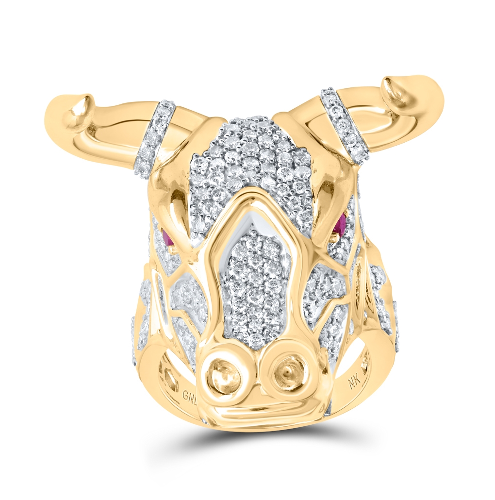 10K Yellow Gold Mens Round Ruby Diamond Bull Animal Ring 3-1/2 Cttw ...