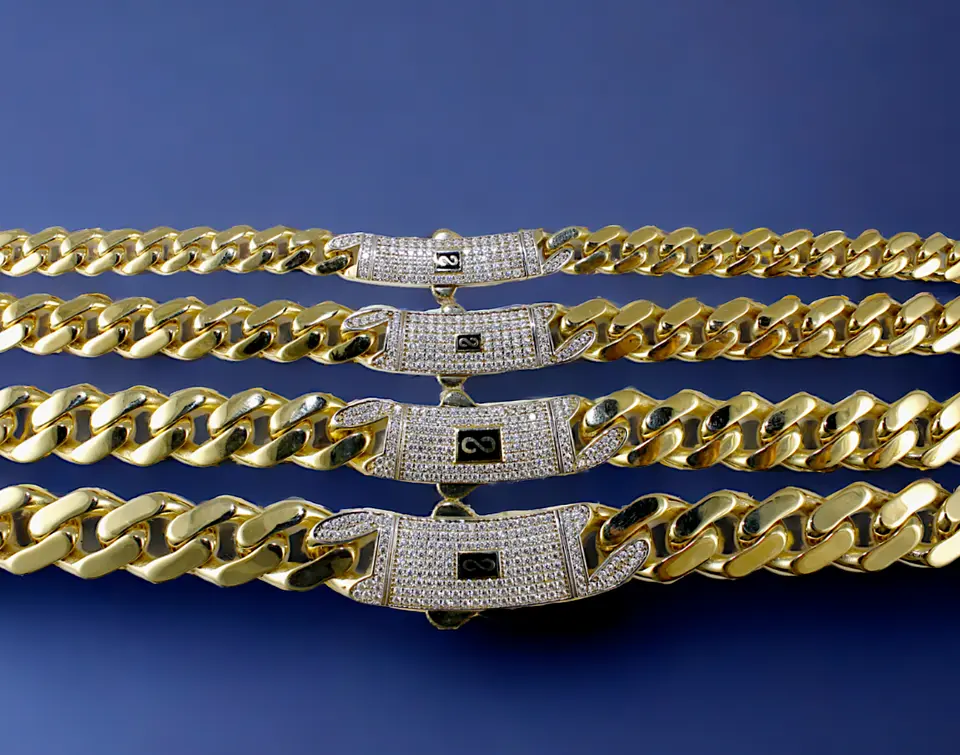 10K Yellow Gold Monaco Miami Cuban Link Chain Necklace CZ Pave Men ...