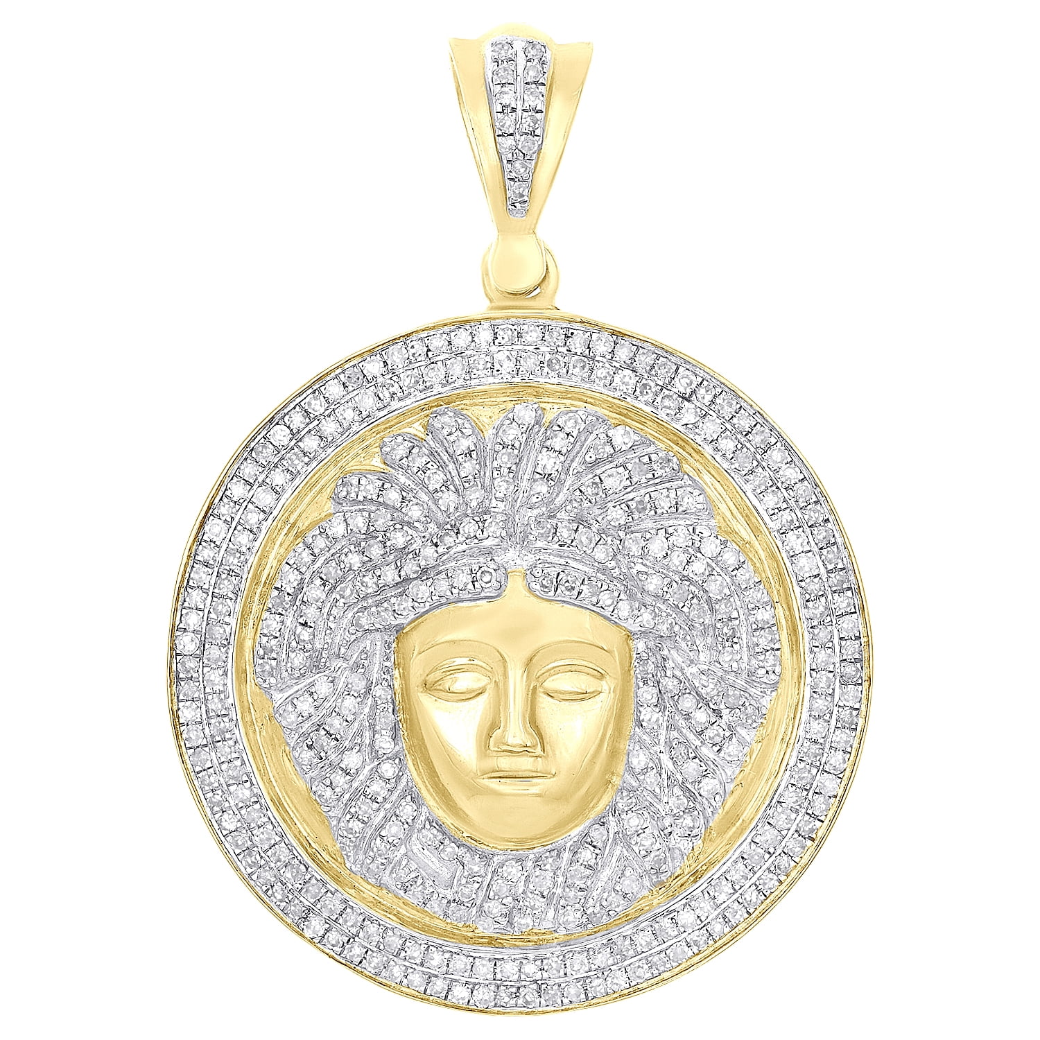 10K Yellow Gold Natural Diamond Circle Medallion Charm Medusa Head ...