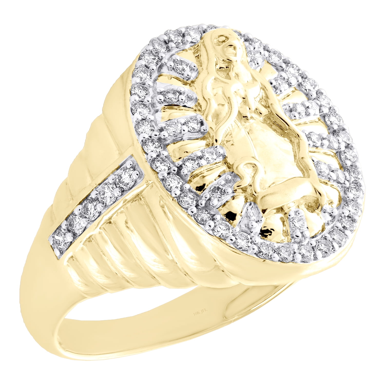 10K Yellow Gold Natural Diamond Mens Oval Frame Lady Guadalupe Pinky ...