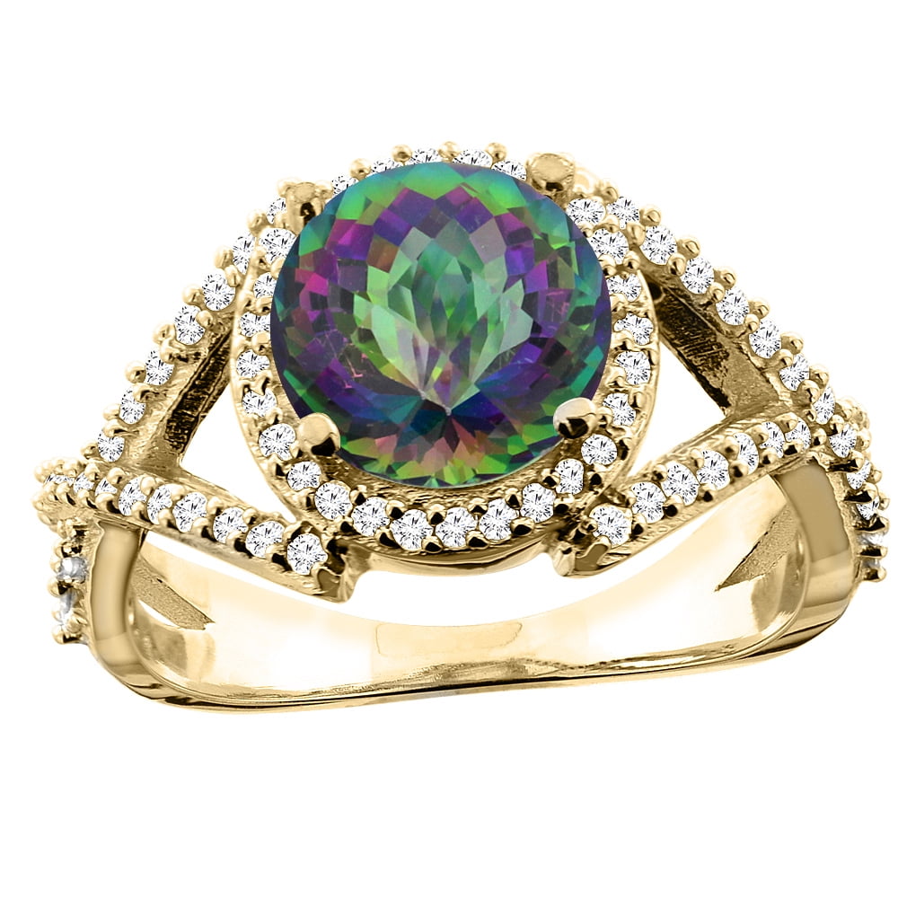 10K Yellow Gold Natural Mystic Topaz Ring Round 8mm Diamond Accent ...