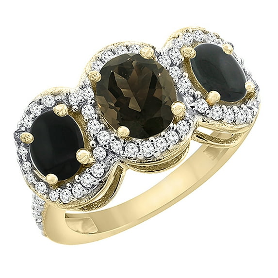 10K Yellow Gold Natural Smoky Topaz & Black Onyx 3-Stone Ring Oval ...