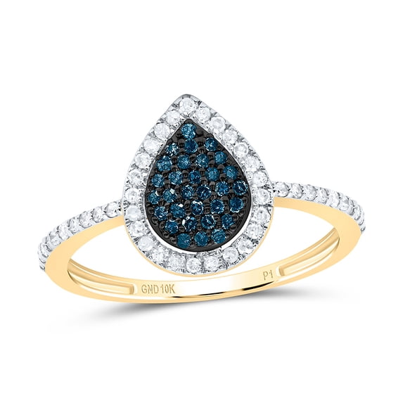 10K Yellow Gold Real Blue Diamond Pear Cluster Teardrop Right Hand Ring ...