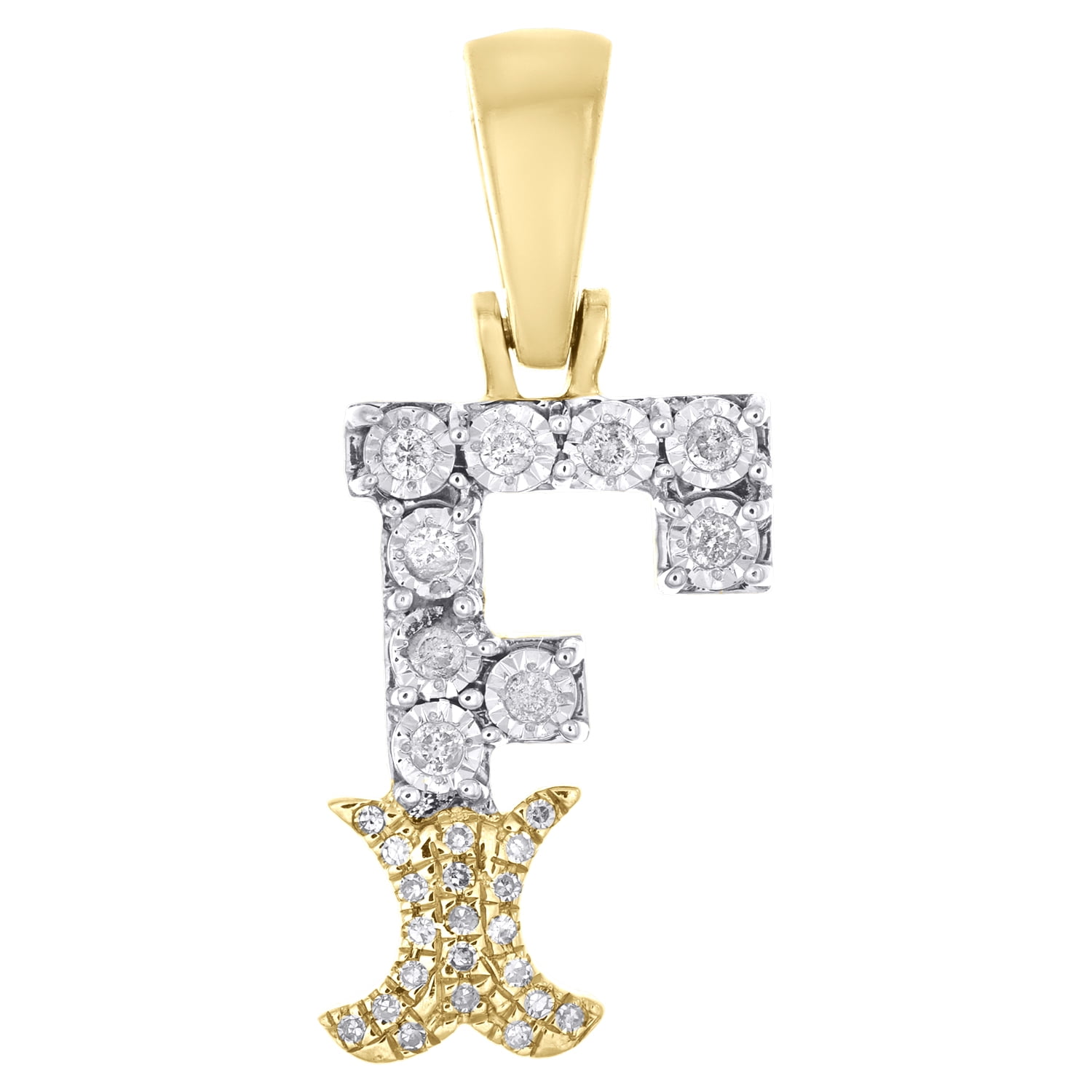 10K Yellow Gold Real Diamond Flared Block Font Letter F Initial Pendant ...