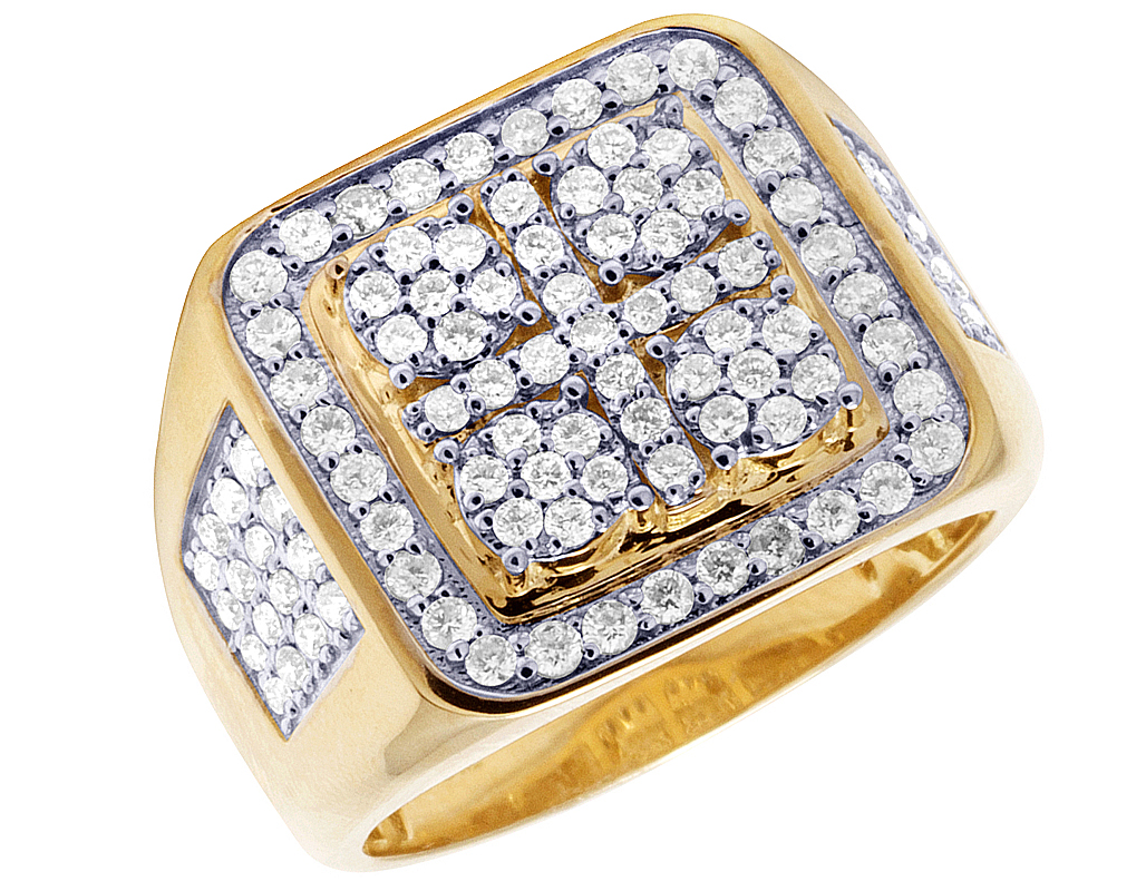 10K Yellow Gold Real Diamond Square Pinky Men's Ring 1.90 CT 18MM ...