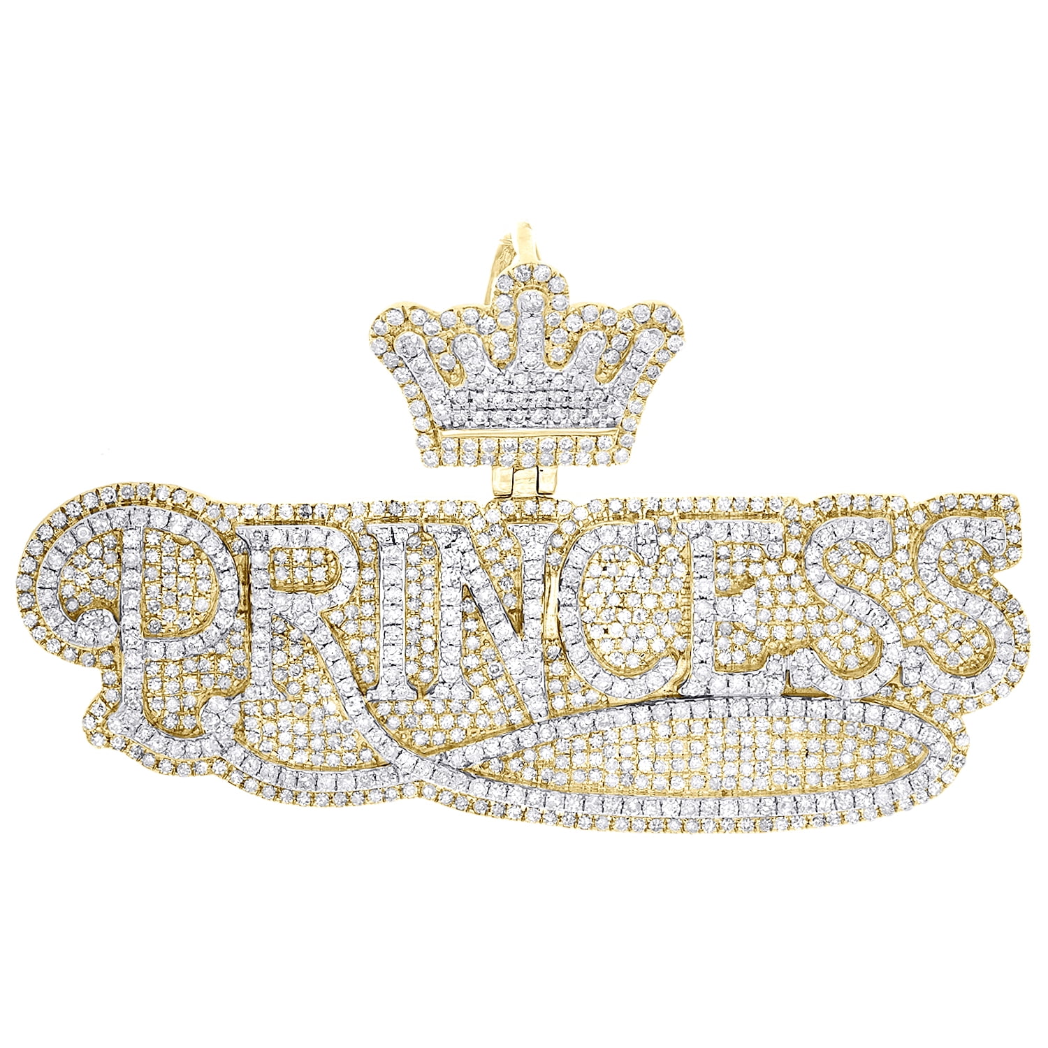 10K Yellow Gold Real Diamond Women's Iced Out PRINCESS w/ Crown Pendant ...