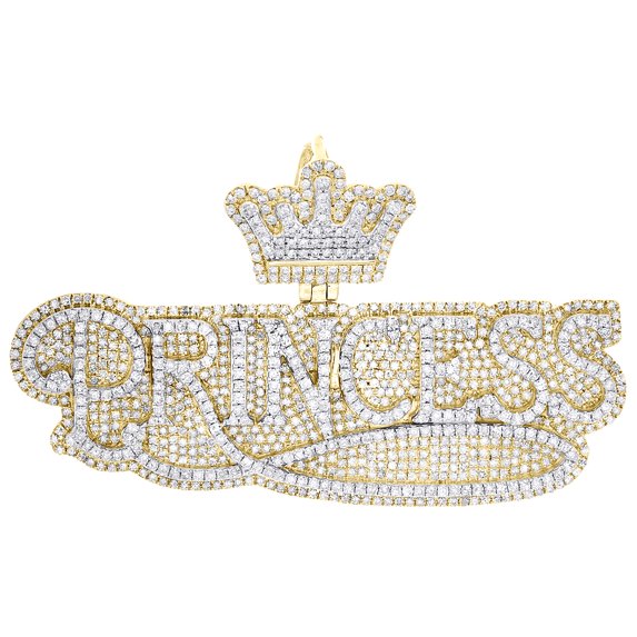 10K Yellow Gold Real Diamond Women's Iced Out PRINCESS w/ Crown Pendant ...