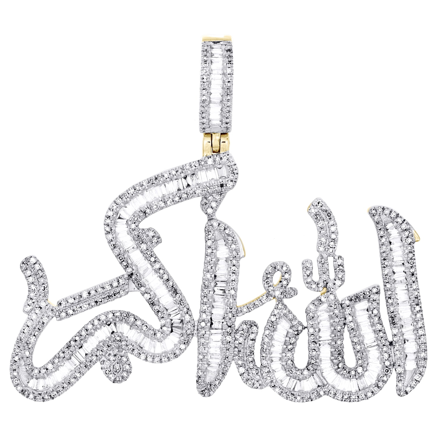 10K Yellow Gold Round & Baguette Diamond Allah Akbar Pendant 1.55 ...