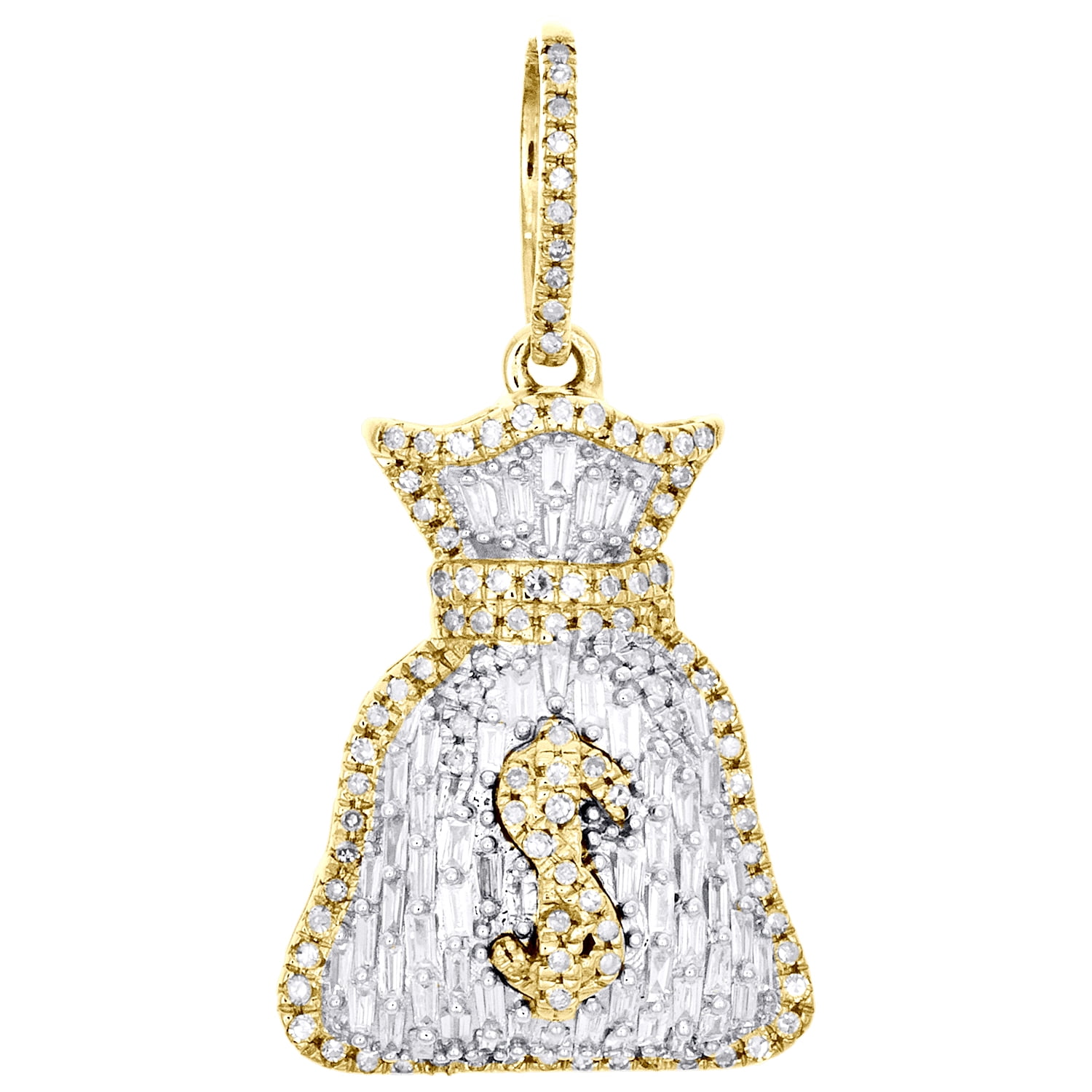 10K Yellow Gold Round & Baguette Diamond Money Bag Pendant 1.25" Charm ...