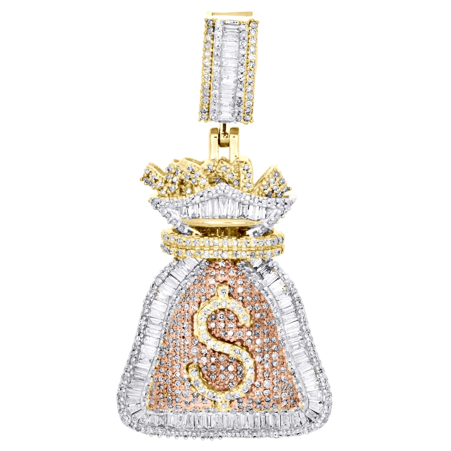 10K Yellow Gold Round & Baguette Diamond Money Bag Pendant 1.75" Charm ...
