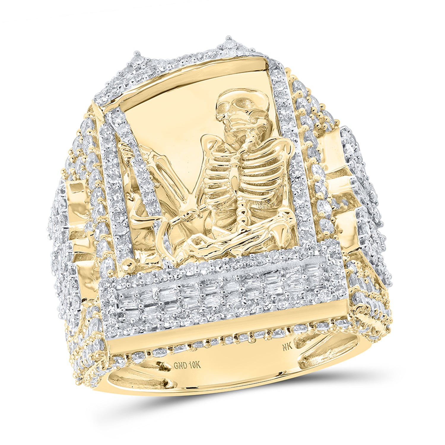 10K Yellow Gold Round & Baguette Diamond RIP Skeleton Coffin Pinky Ring ...