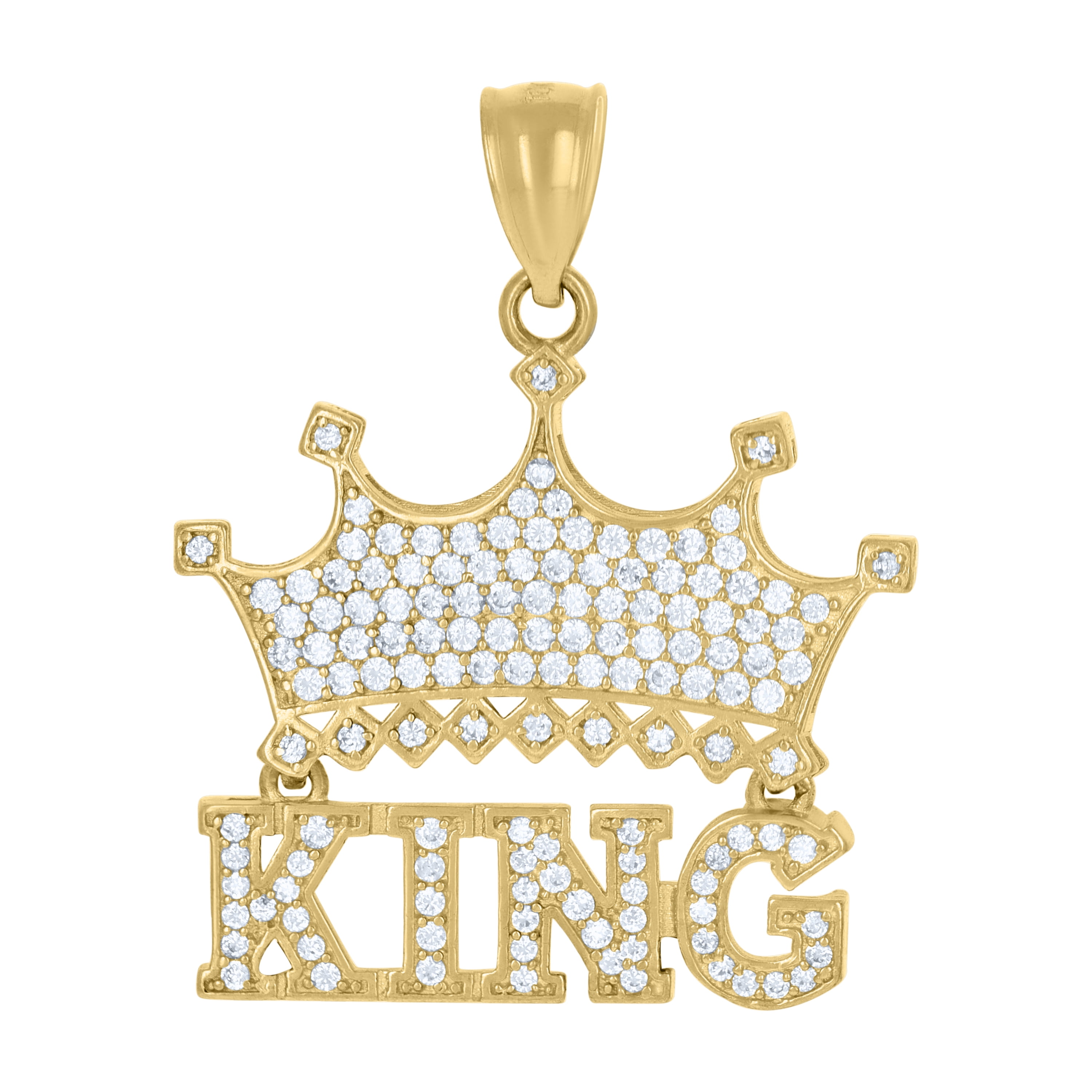 10K Yellow Gold Round CZ Men's 1.35" Iced Out Royal Charm Crown w/ KING ...