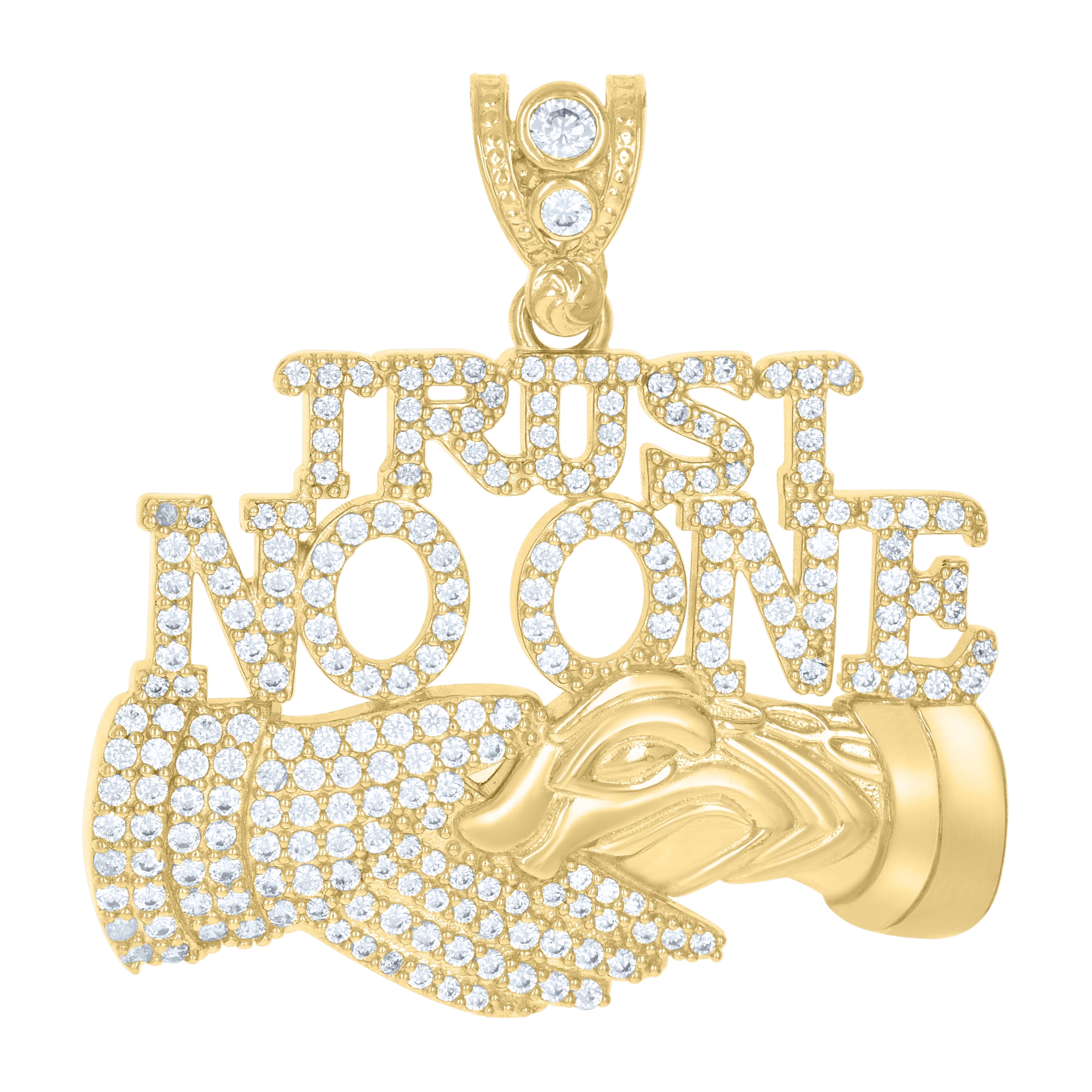 10K Yellow Gold Round CZ Mens 1.60" Charm Snake Biting Hand TRUST NO ...