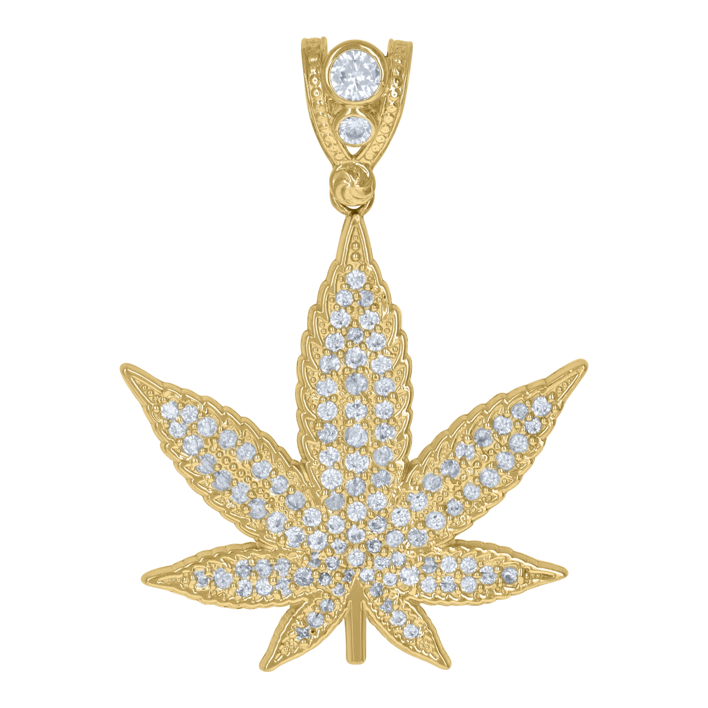 10K Yellow Gold Round CZ Unisex 2" Iced Out Charm Weed Marijuana Leaf ...