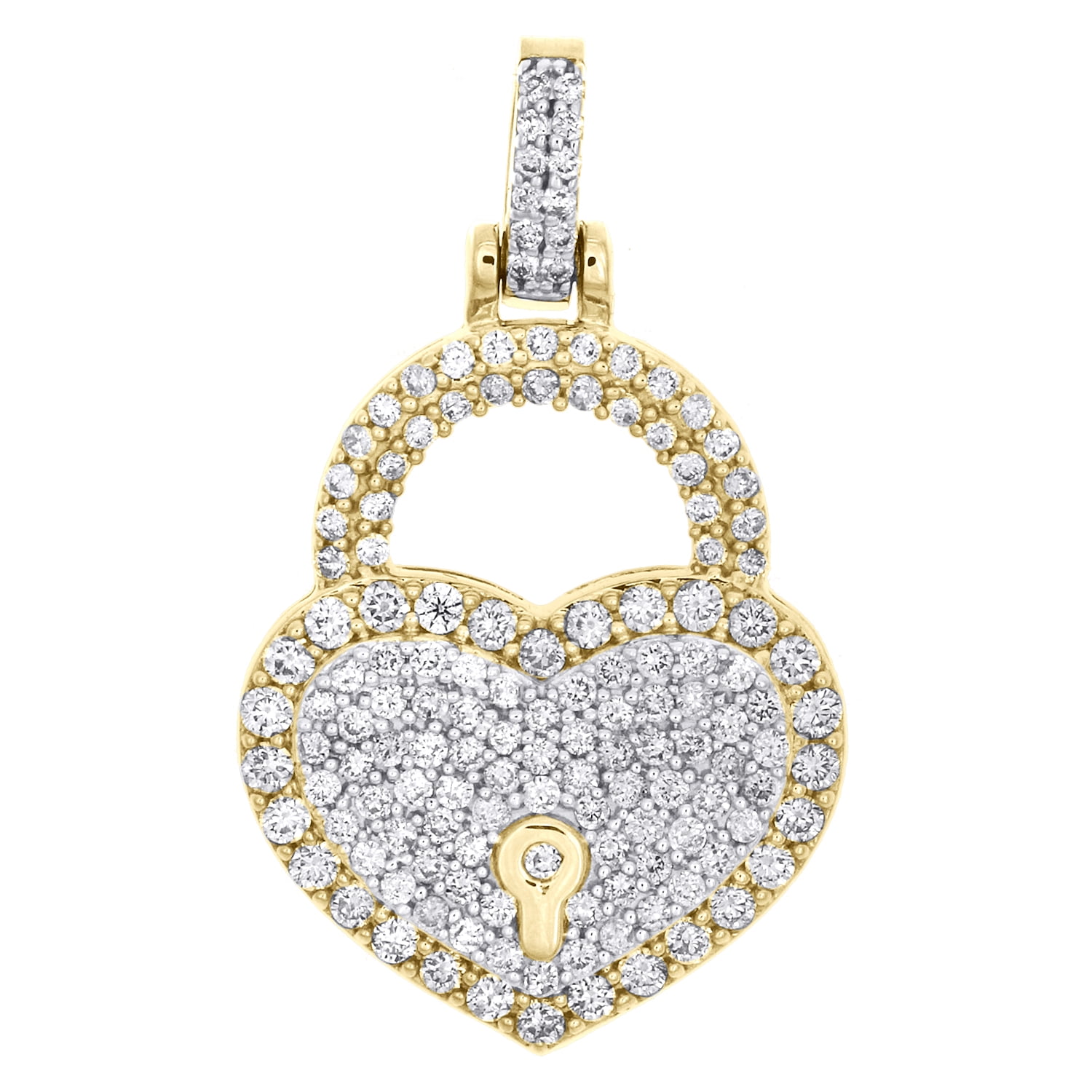 10K Yellow Gold Round Diamond Heart & Lock Pendant 1.20" Statement ...