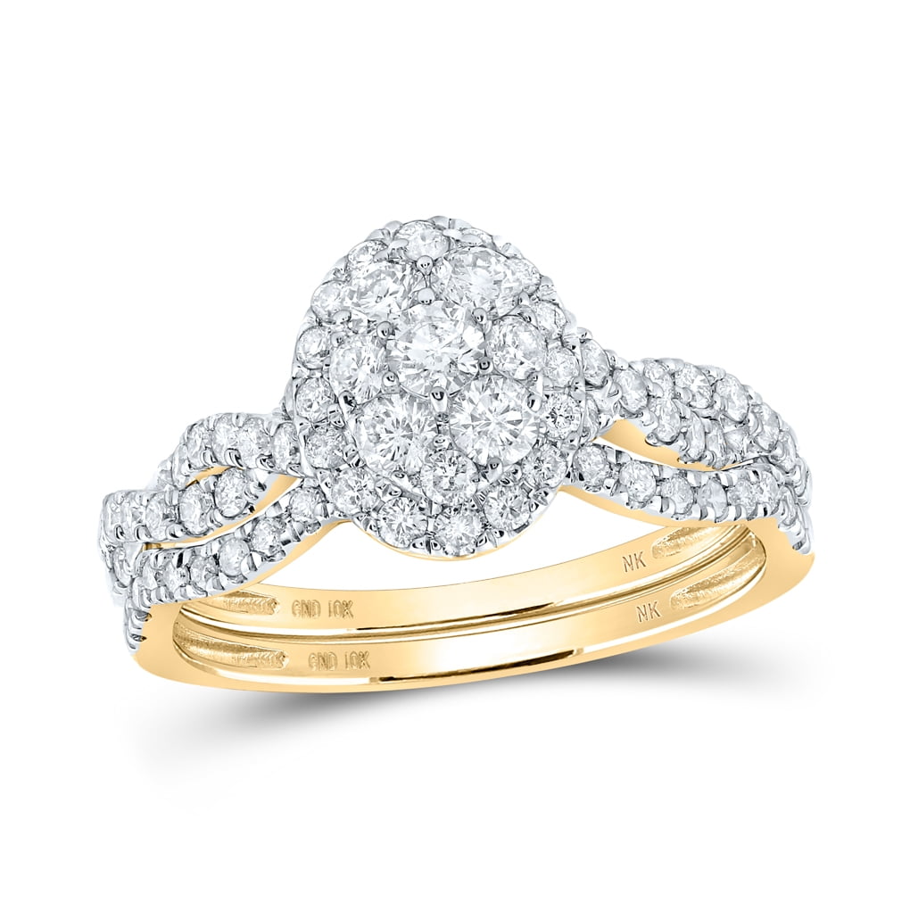 10K Yellow Gold Round Diamond Oval Cluster Bridal Wedding Ring Band Set ...