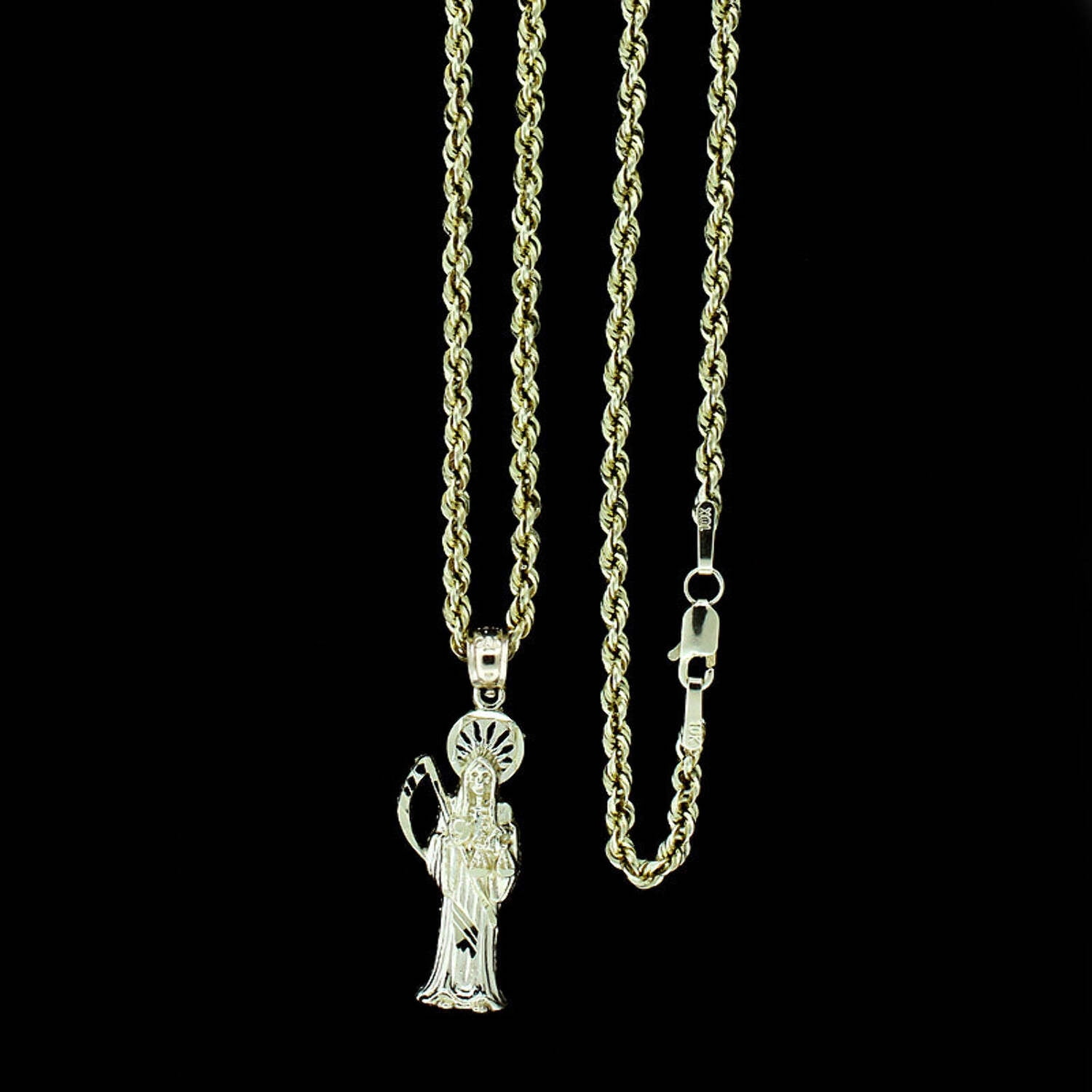 JewelzKing 10K Yellow Gold Santa Muerte Grim Reaper Pendant, 2mm Rope ...