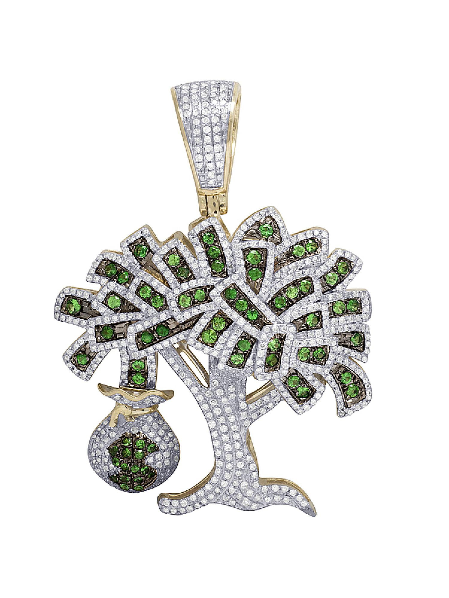 10K Yellow Gold Treated Green Real Diamond Dollar Money Bag Tree ...