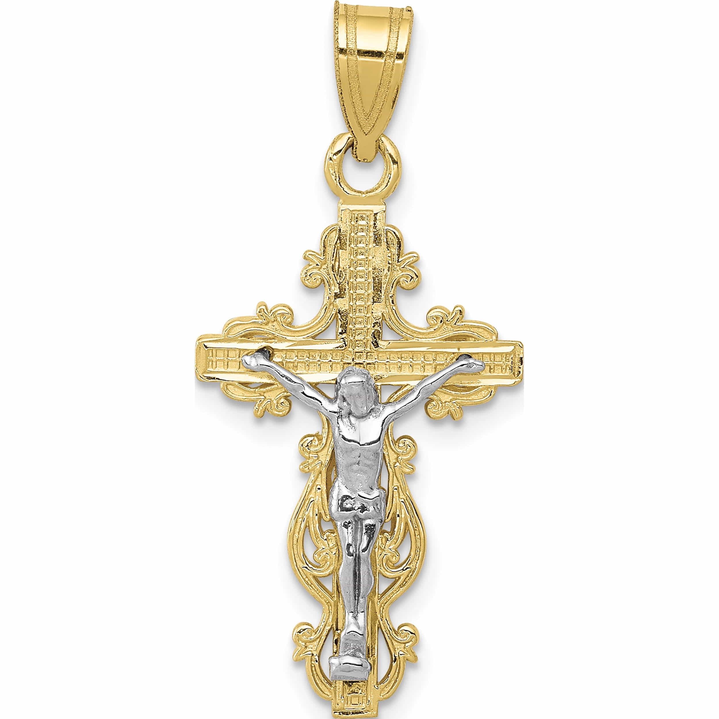 10K Yellow Gold Two-Tone Small Narrow Cross With Crucifix Pendant (31 X ...
