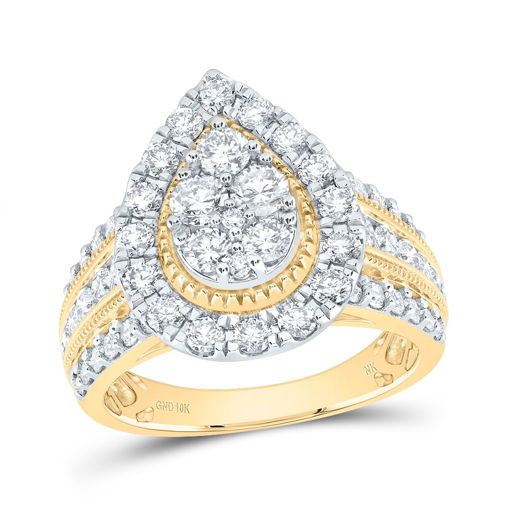 10K Yellow Gold Womens Round Diamond Teardrop Cluster Ring 2 Cttw ...
