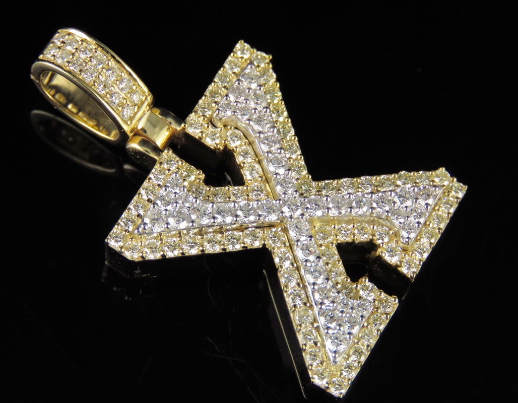 10K Yellow White Gold Diamond Custom 3D Initial X Letter Pendant 1.7 CT ...