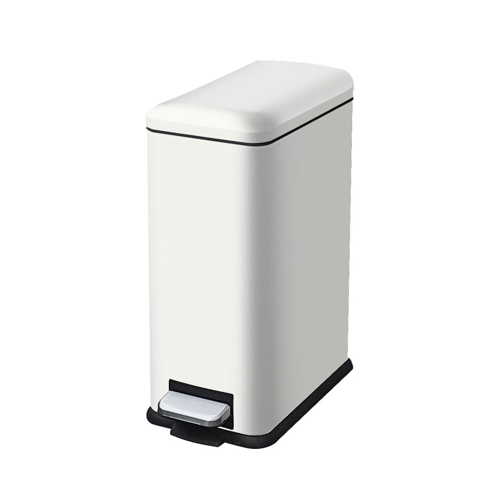10L White Bathroom Waste Bin with Lid, Slim Stainless Steel Trash Can ...