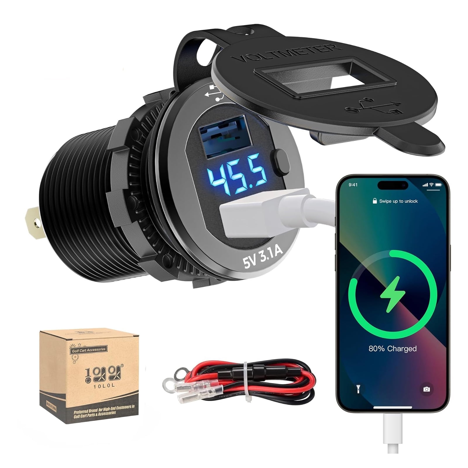 10L0L Golf Cart Voltage Meter, Dual USB 3.1 Charger, Waterproof, Fits ...