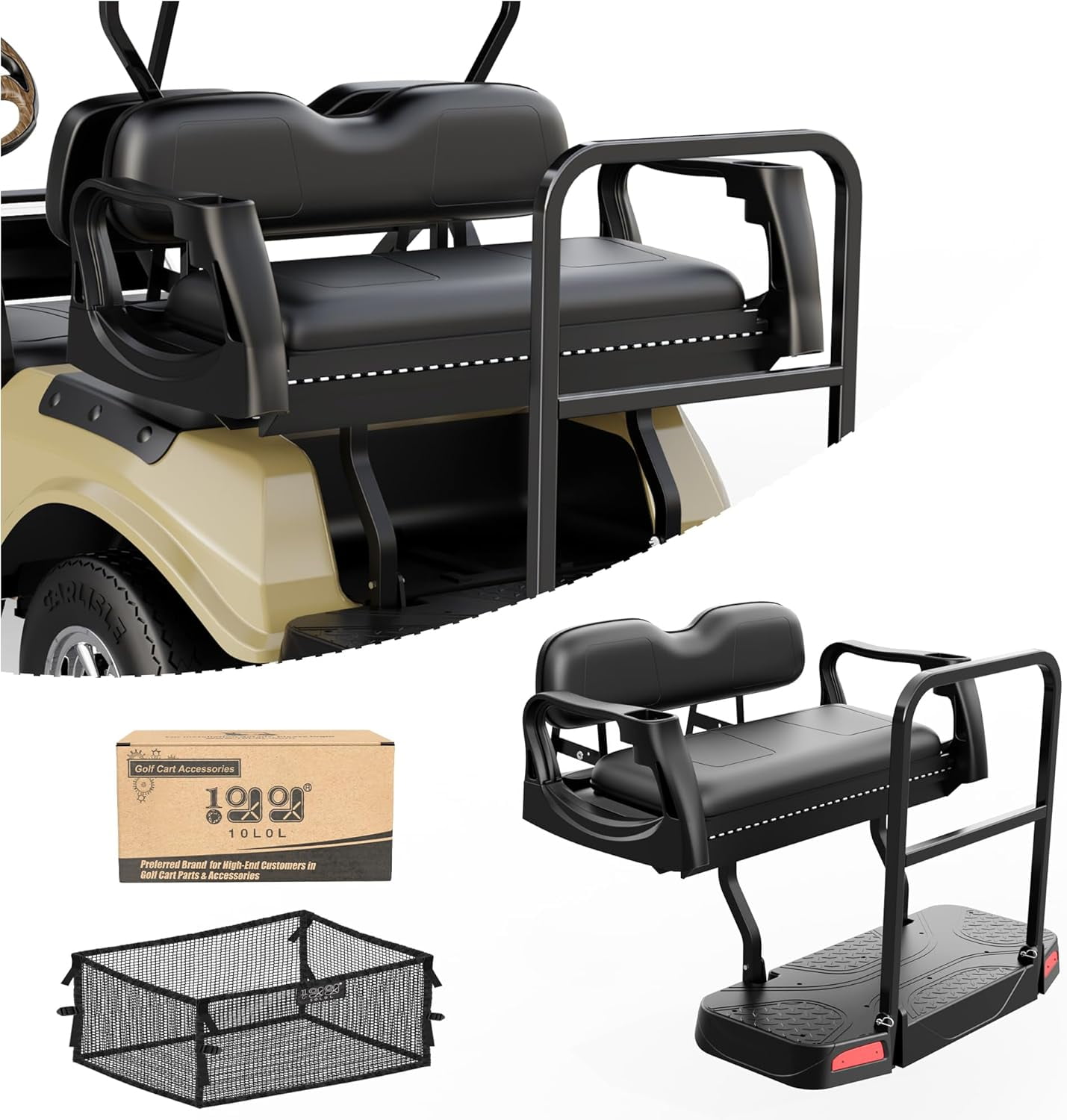 10L0L Golf Cart Flip Folding Rear Back Seat Kit with Grab Bar for Club ...