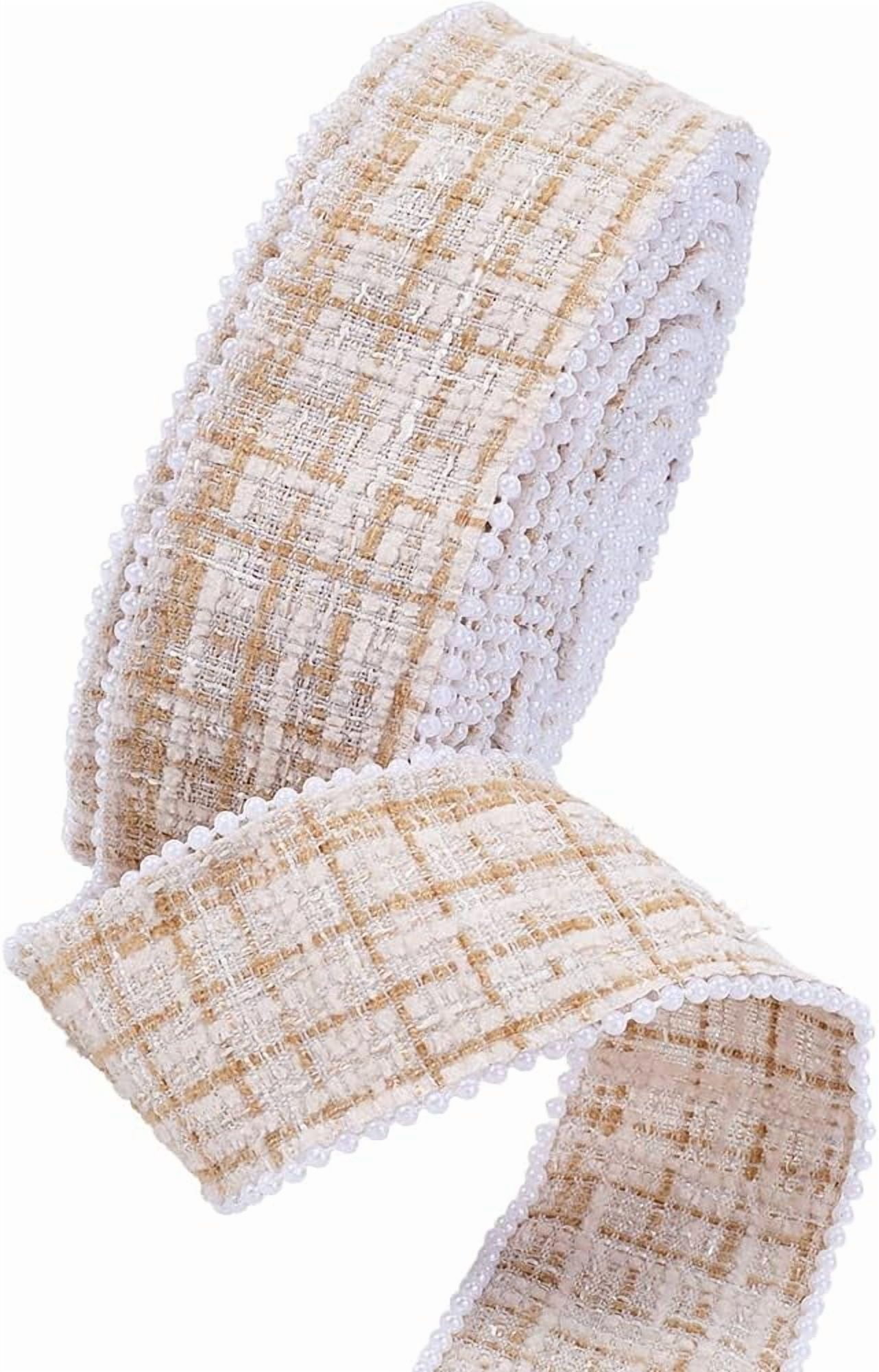 10M 1.5 Inch Ribbon with Pearls Beige Plaid Pearl Bead Edge Ribbons ...