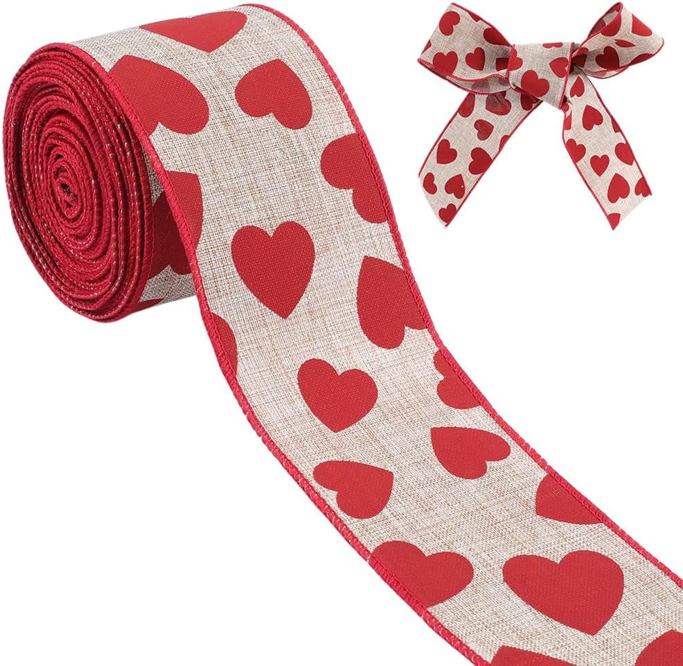 10M 2.5 Inch Red Ribbon Love Heart Pattern Print Ribbon Polyester Brown Valentines Day Printed ...