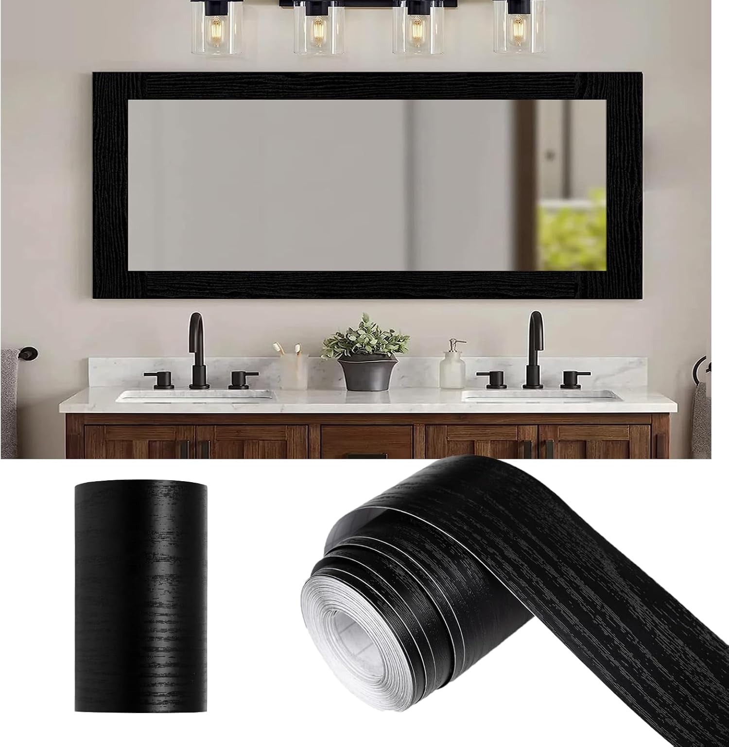 10M Black Grain Mirror Frame Border Peel and Wallpaper, Removable PVC ...