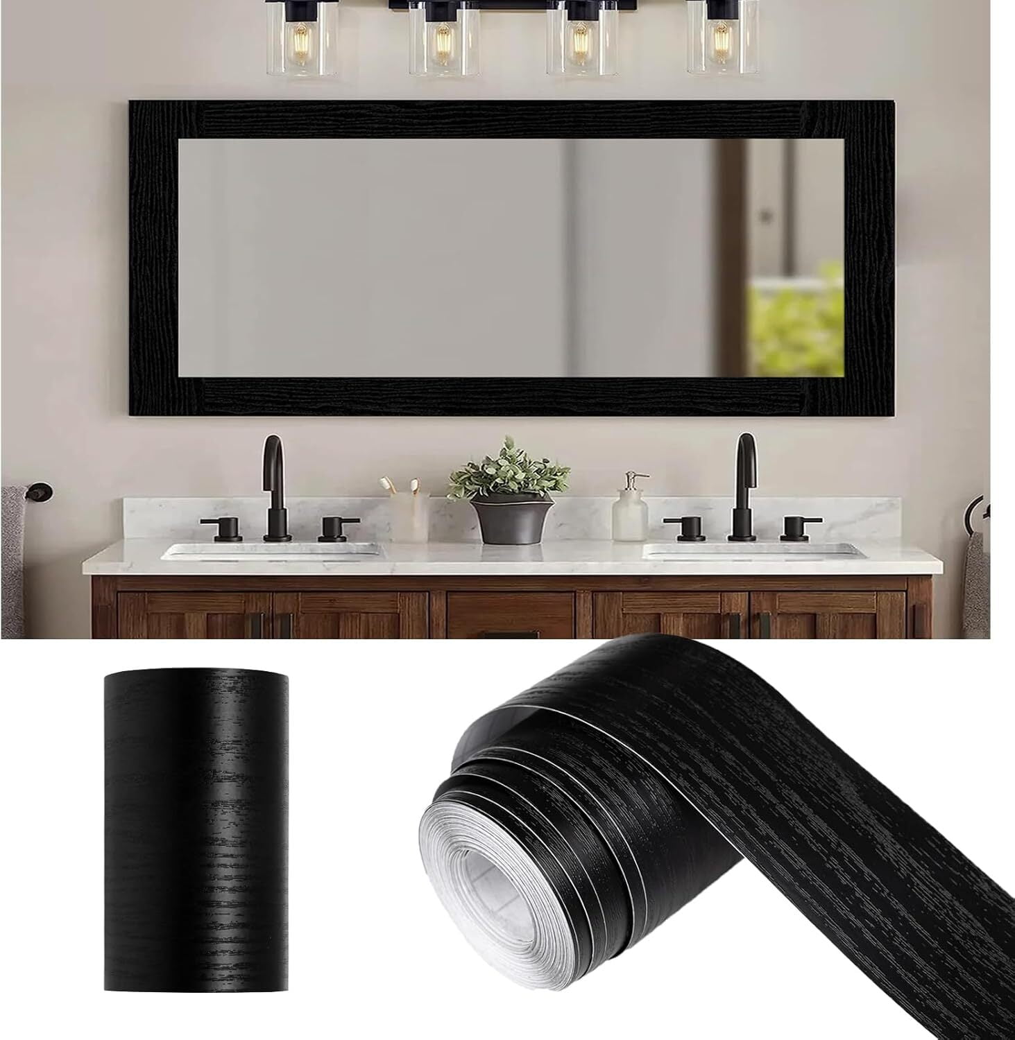 10M Black Wood Grain,Mirror Frame Border Peel and Stick Wallpaper ...