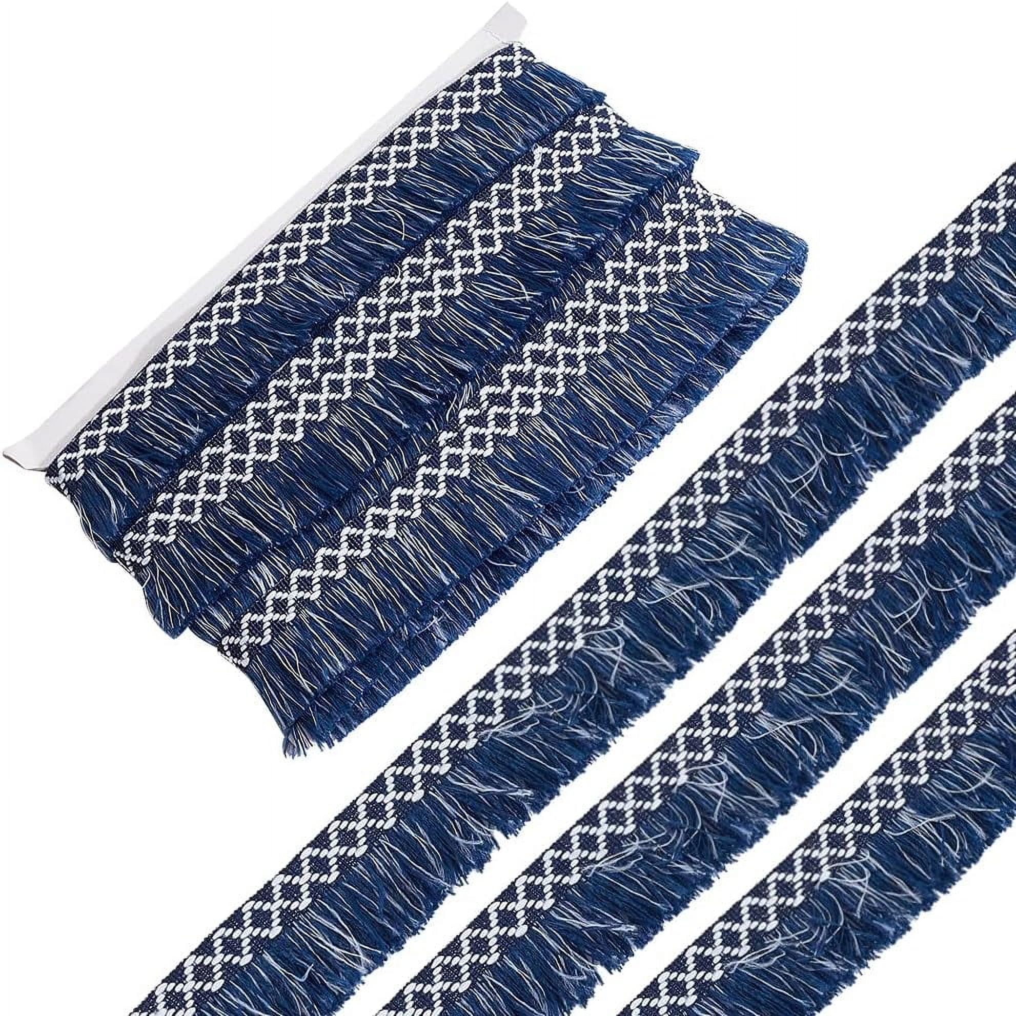 10M x 3.5cm Wide Tassel Fringe Trim White Navy Blue Rhombus Pattern ...